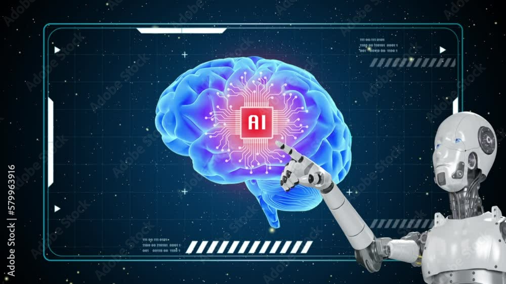 Robot touching AI icon in glowing brain on virtual background. Artificial intelligence, machine ...
