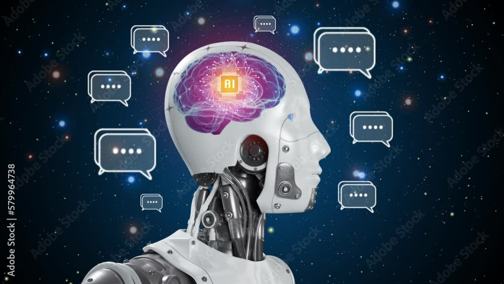 AI icon in glowing brain inside robot head, digital chat bot concept. Artificial intelligence ...