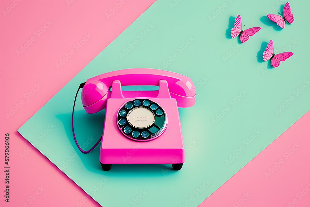 Spring creative layout with pink retro phone with colorful butterflies ...