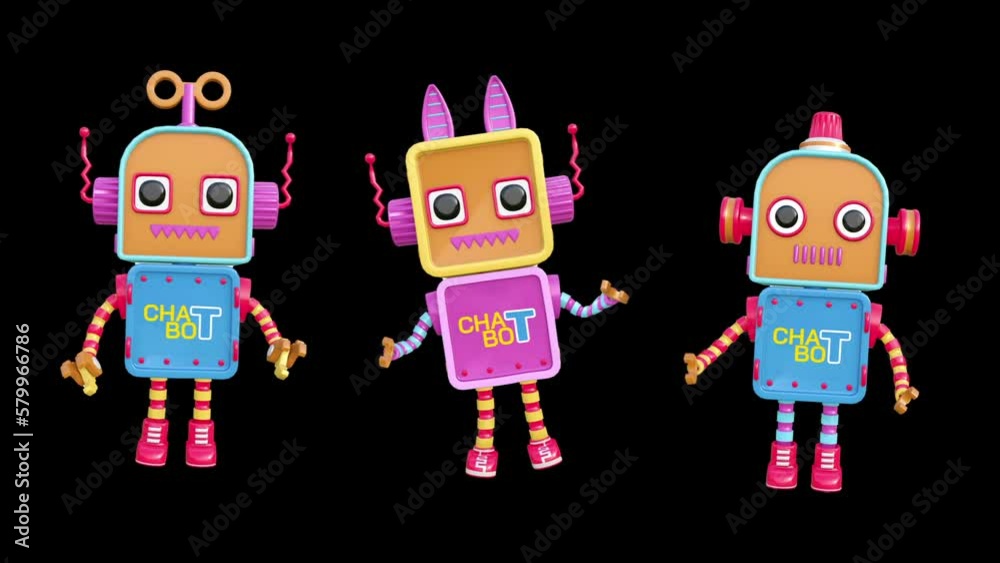 3 toy robots animation provide access information, digital chat bot ...