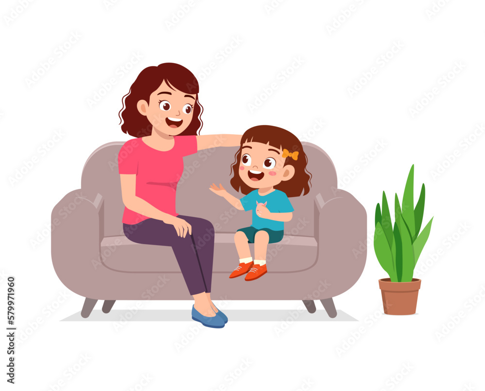 little kid having conversation with mother and feeling happy Stock ...