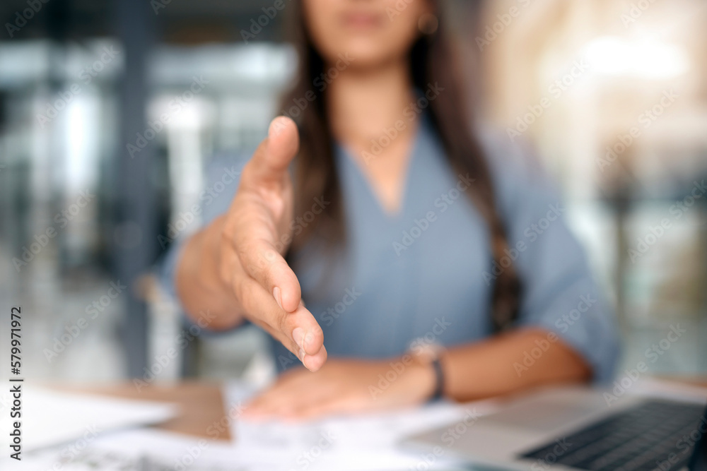 Business woman offer handshake for hello, networking and meeting for HR ...