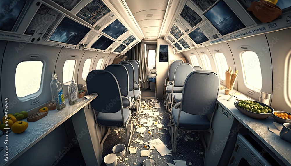 Mess in plane aisle after strong turbulence, scattered personal ...