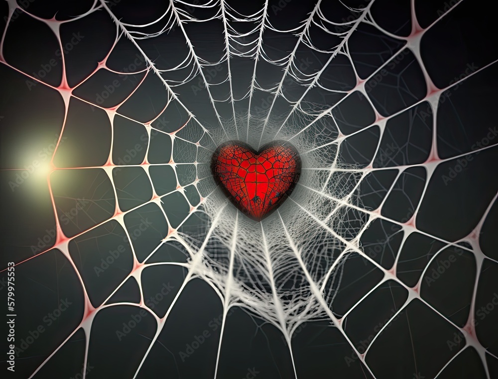 Red heart got caught in spider web on blurred dark background ...