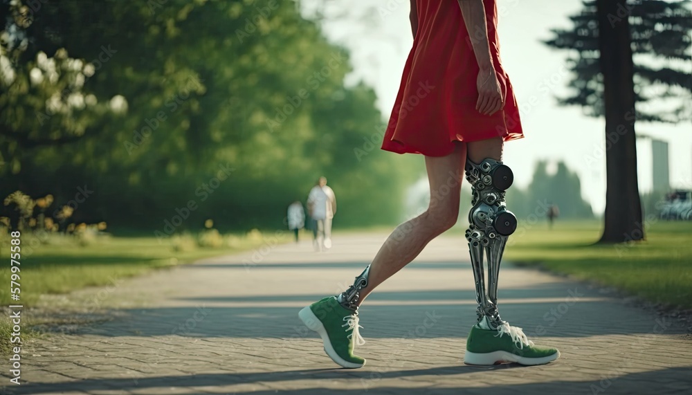 Female legs prosthesis close up walking outdoor in city park, disabled ...