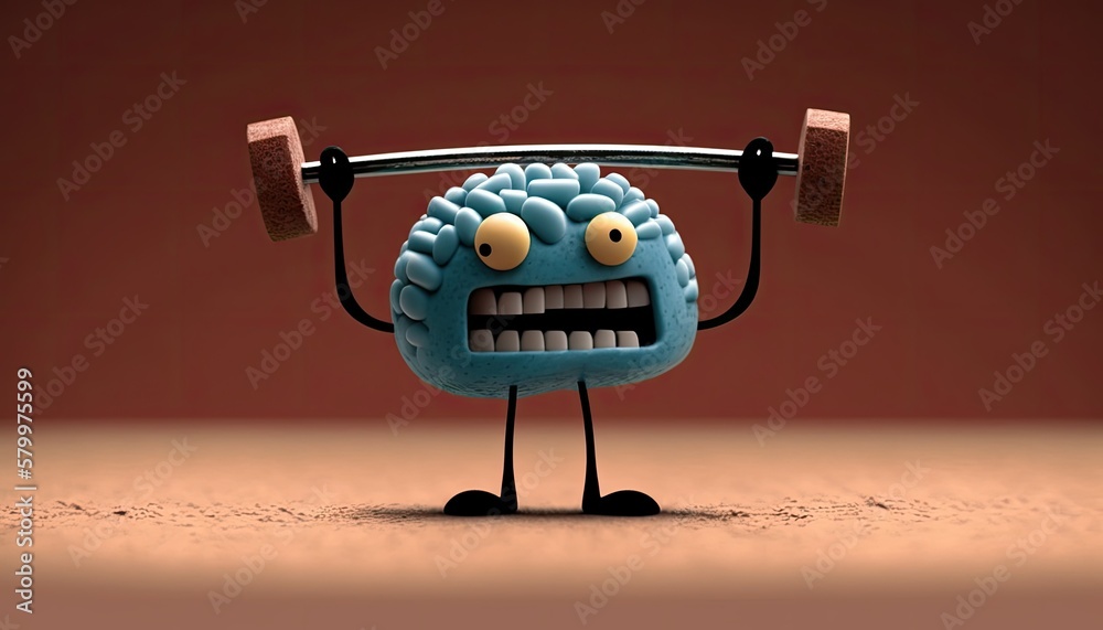 Funny cartoon brain with legs and hands lifts heavy barbell, brain ...
