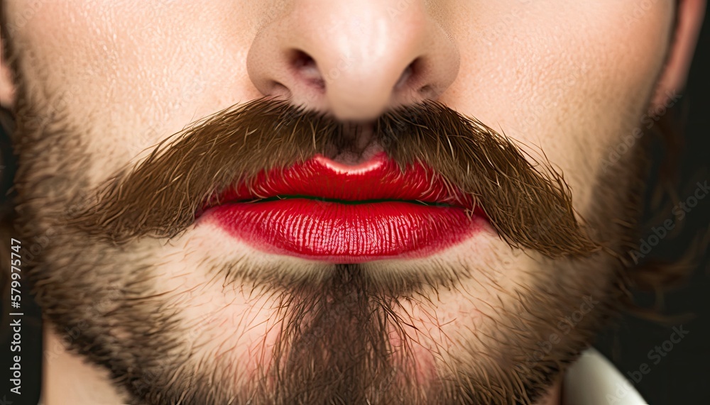 Male lips red make up lipstick close up LGBT person with thick mustache ...