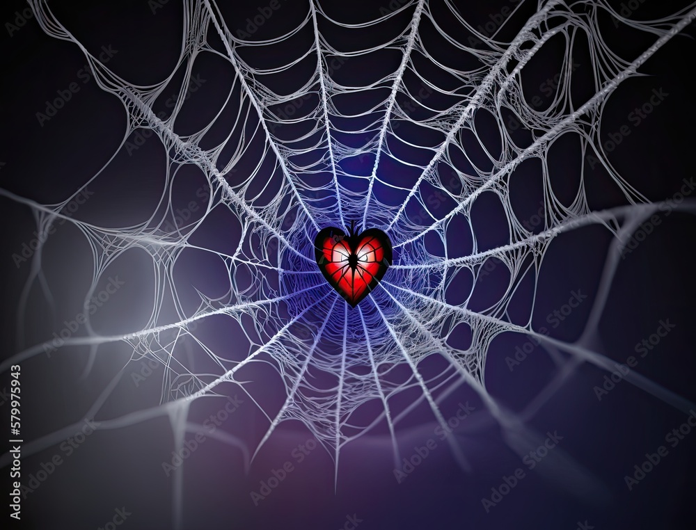 Red heart got caught in spider web on blurred dark background ...