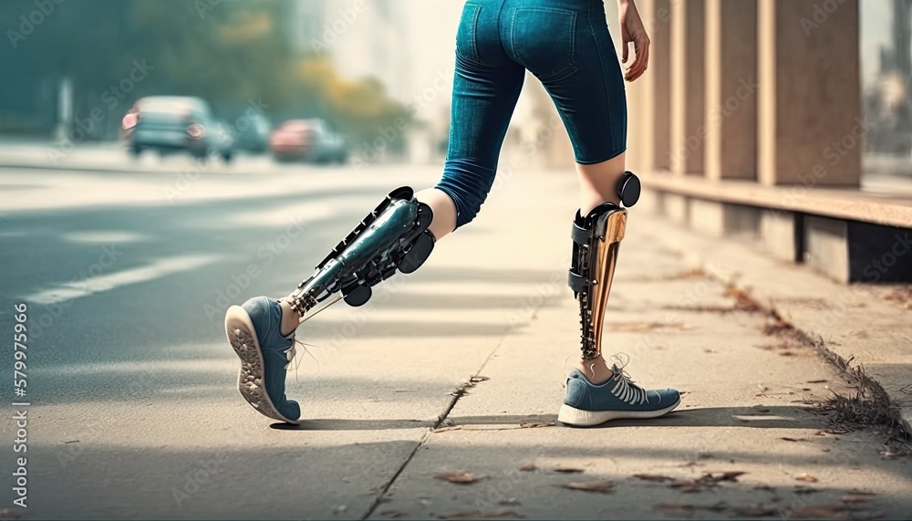 Female legs prosthesis close up walking outdoor in city park, disabled ...