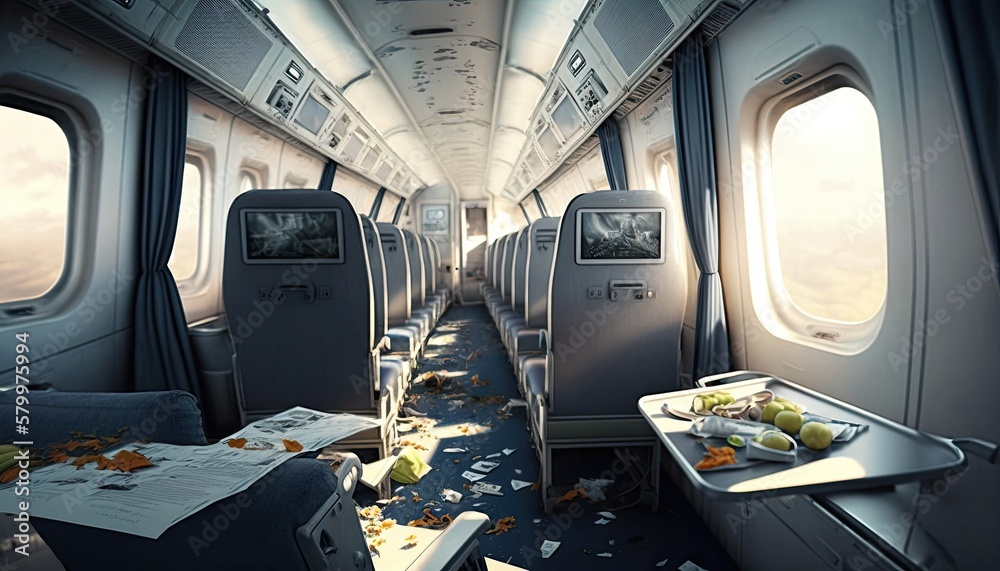 Mess in plane aisle after strong turbulence, scattered personal ...