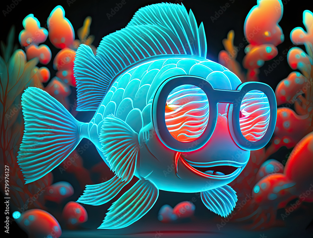 Funny fish face anthropomorphic person in glasses neon glowing, amusing ...
