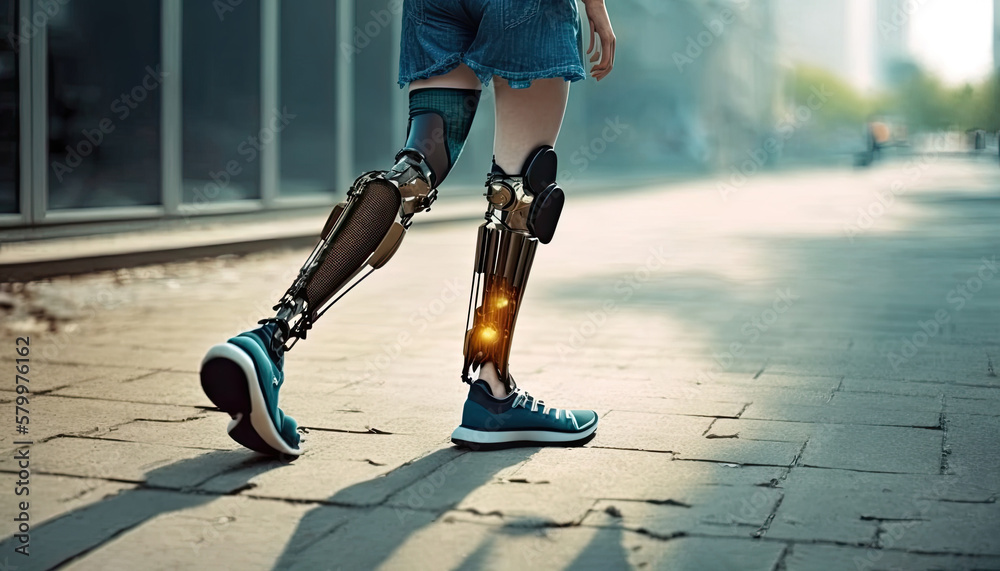 Female legs prosthesis close up walking outdoor in city park, disabled ...