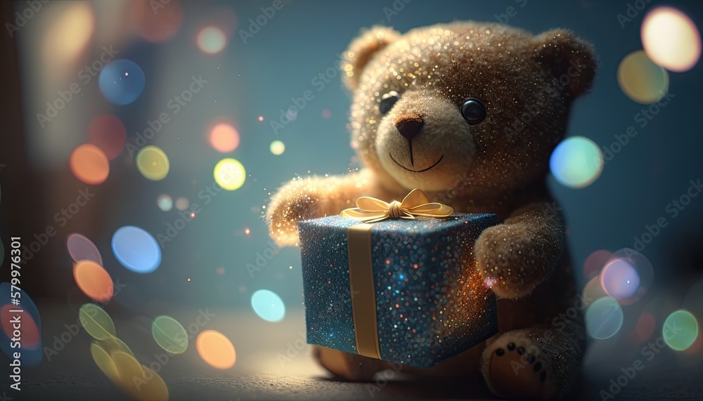Little bear toy holds gift box on colorful lens flare background, cute ...
