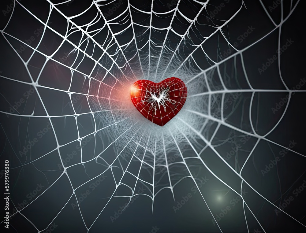 Red heart got caught in spider web on blurred dark background ...