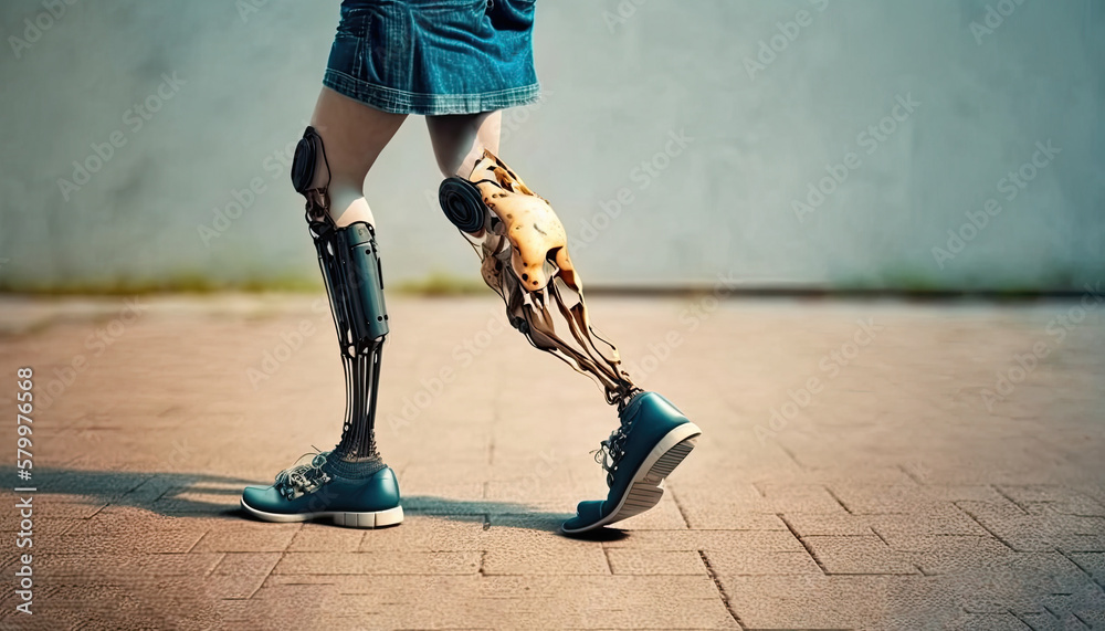 Female legs prosthesis close up walking outdoor in city park, disabled ...