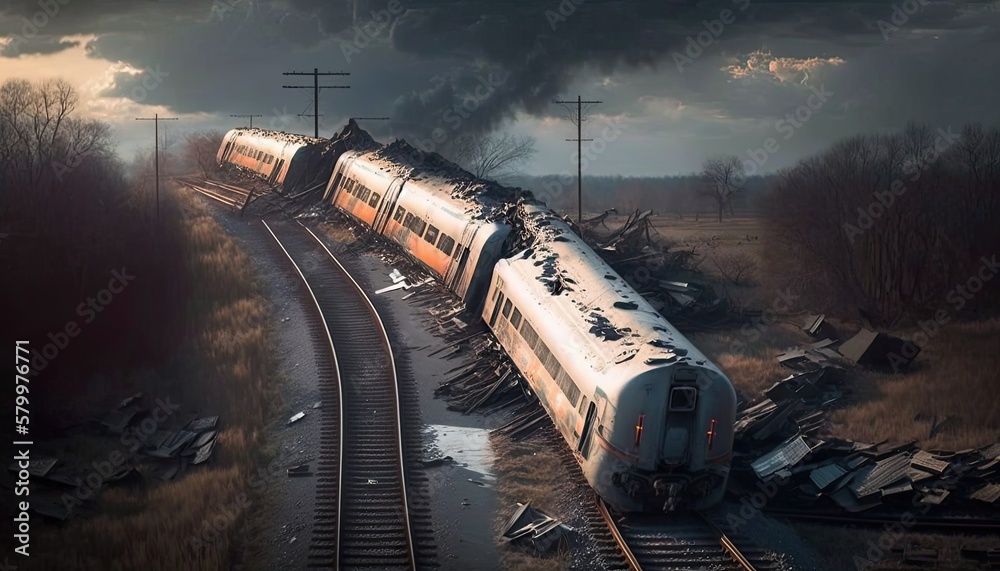 Derailed train incident aerial view, damaged derailed train cars on railroad due train driver ...
