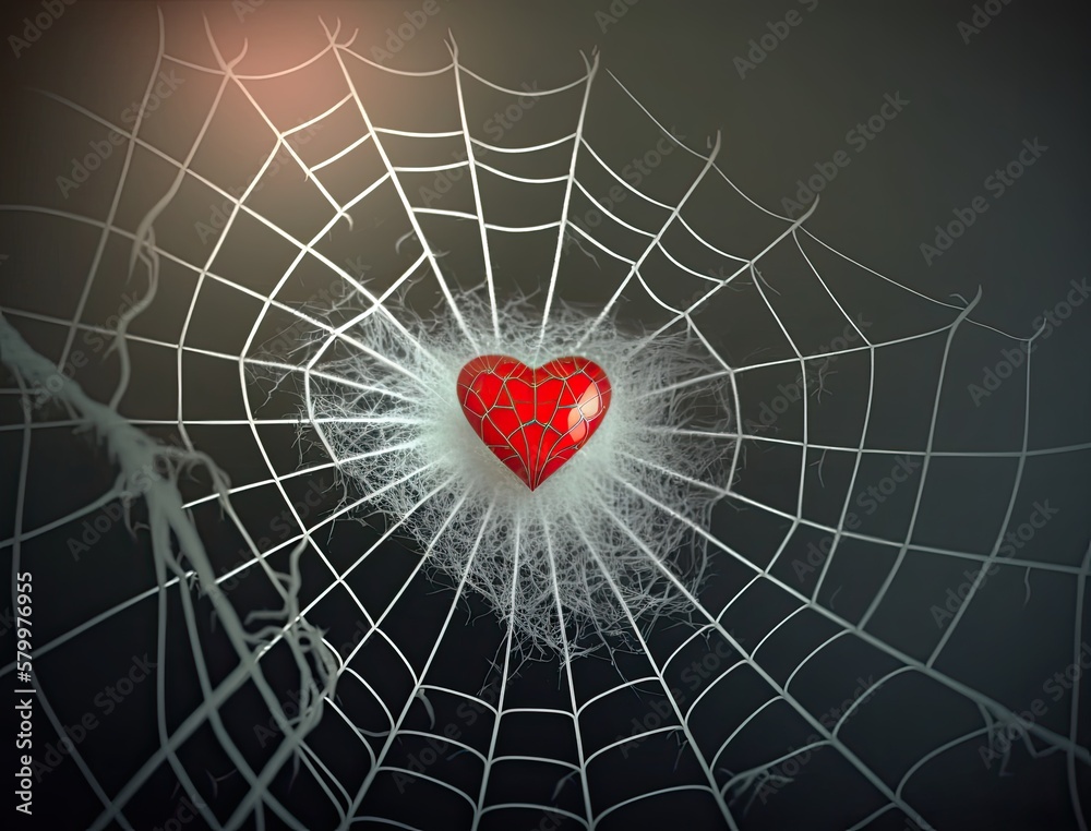 Red heart got caught in spider web on blurred dark background ...