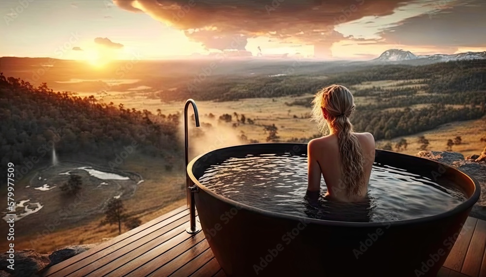 Young woman take bath outdoor at sunset, girl rear view to nude back ...