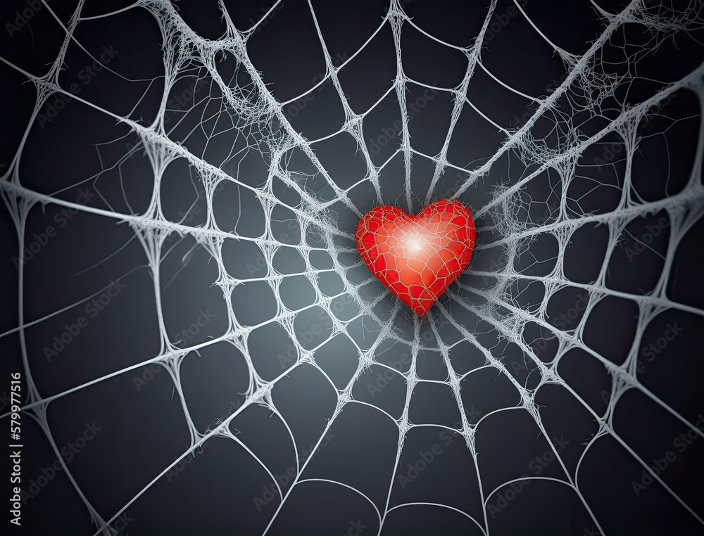 Red heart got caught in spider web on blurred dark background ...