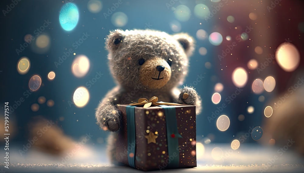 Little bear toy holds gift box on colorful lens flare background, cute ...