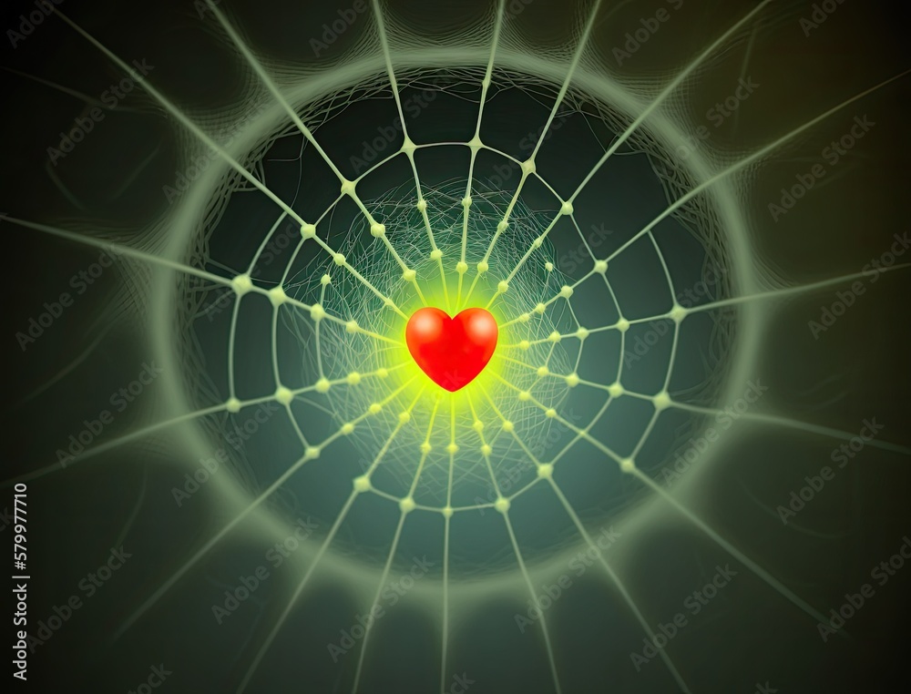 Red heart got caught in spider web on blurred dark background ...