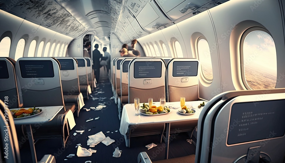Mess in plane aisle after strong turbulence, scattered personal ...