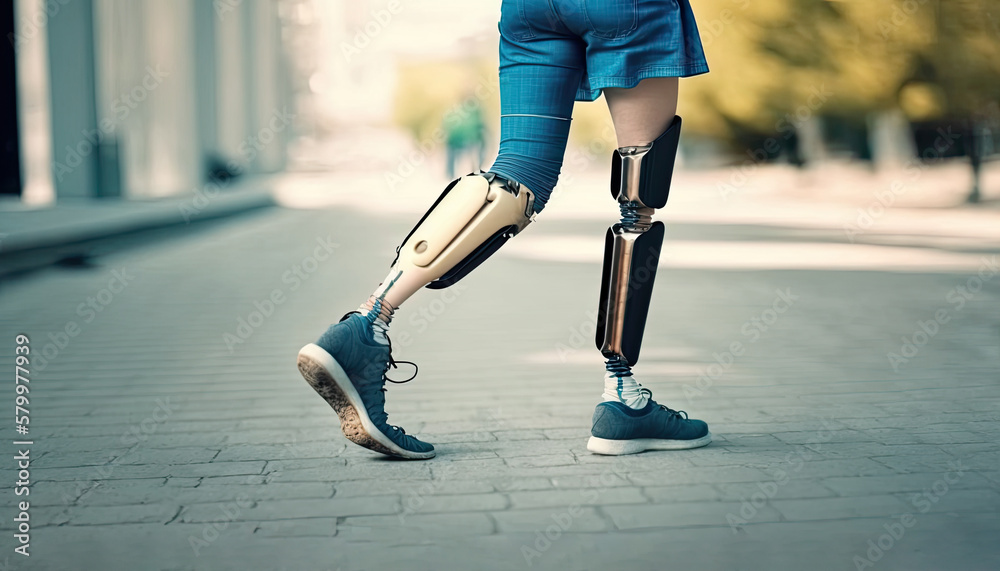 Female legs prosthesis close up walking outdoor in city park, disabled ...