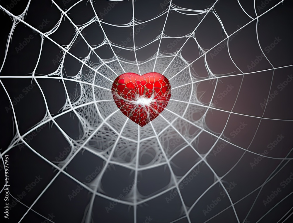 Red heart got caught in spider web on blurred dark background ...