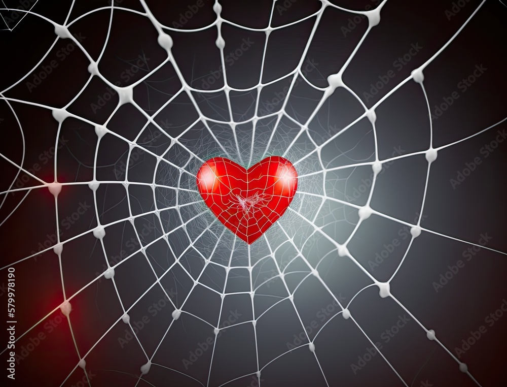 Red heart got caught in spider web on blurred dark background ...