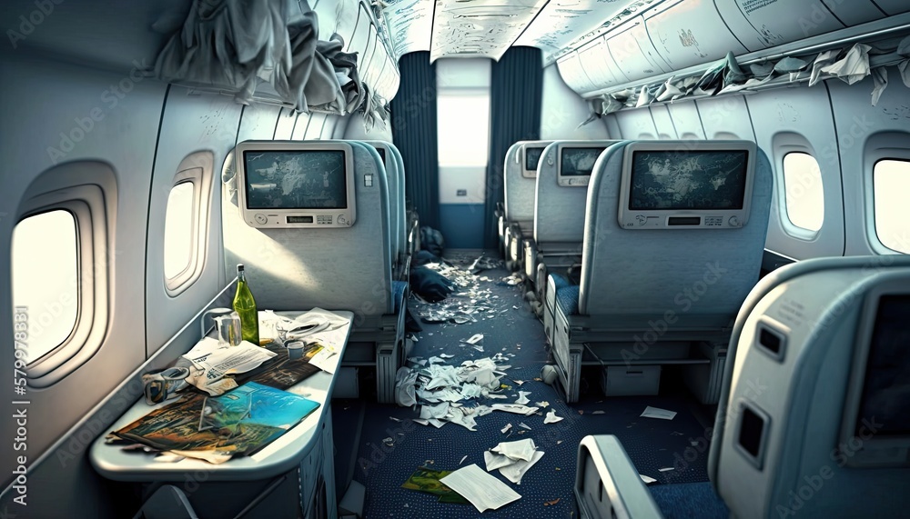 Mess in plane aisle after strong turbulence, scattered personal ...