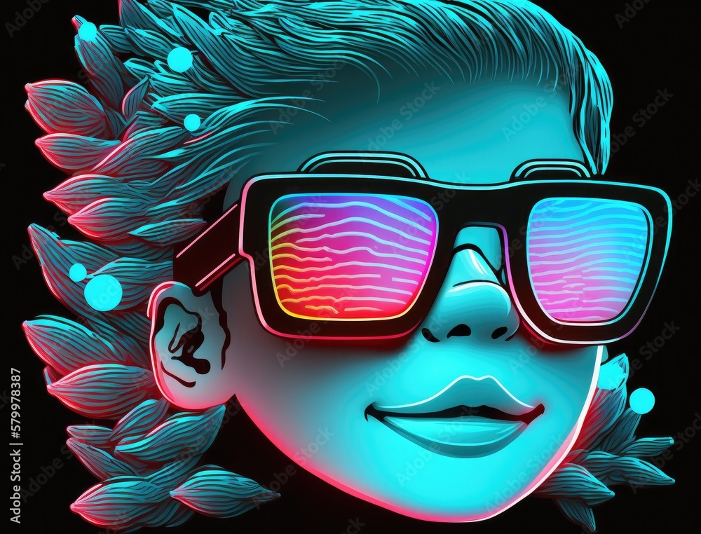 Funny fish face anthropomorphic female person in glasses neon glowing ...
