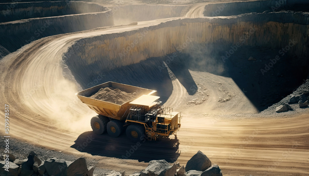 Loaded haul truck transport from open pit mining quarry, yellow truck ...