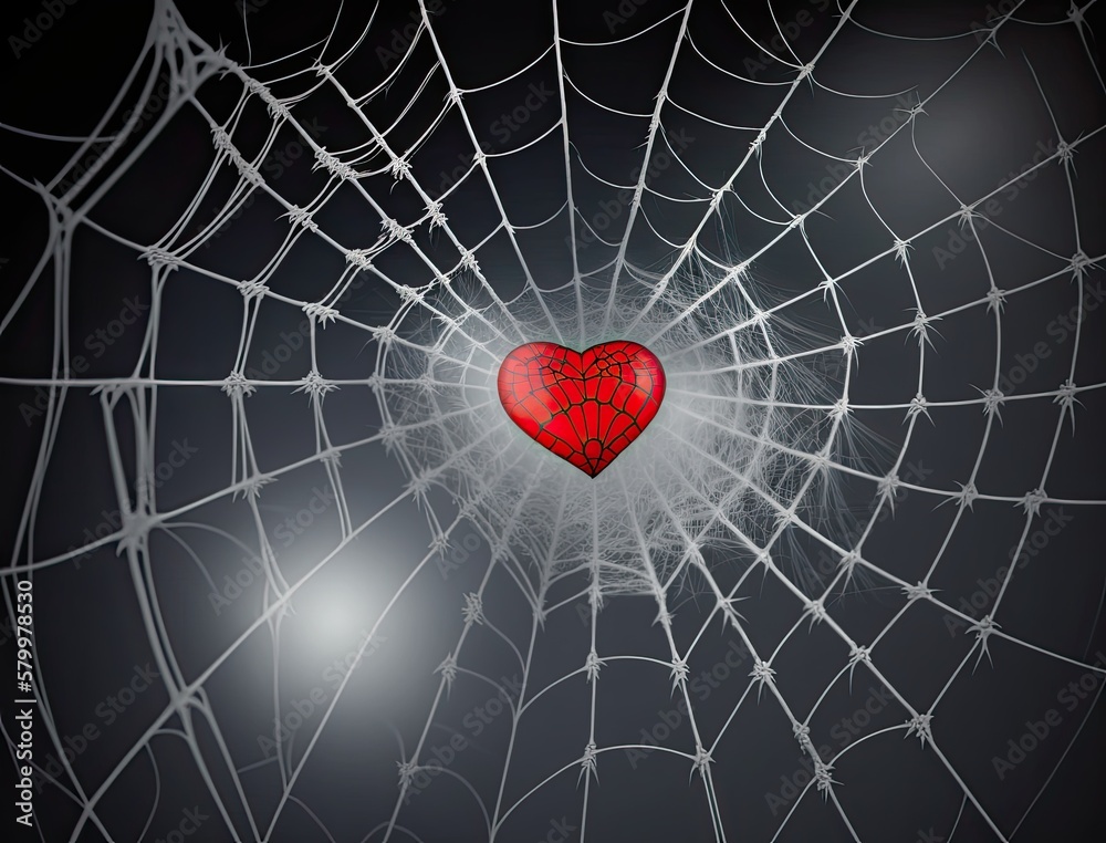 Red heart got caught in spider web on blurred dark background ...