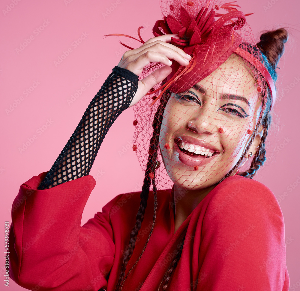Punk, rock and smile portrait of a young woman with creative designer ...