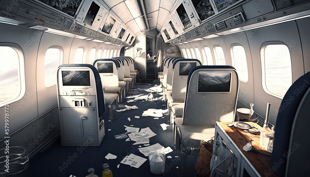 Ilustrace „Mess in plane aisle after strong turbulence, scattered ...