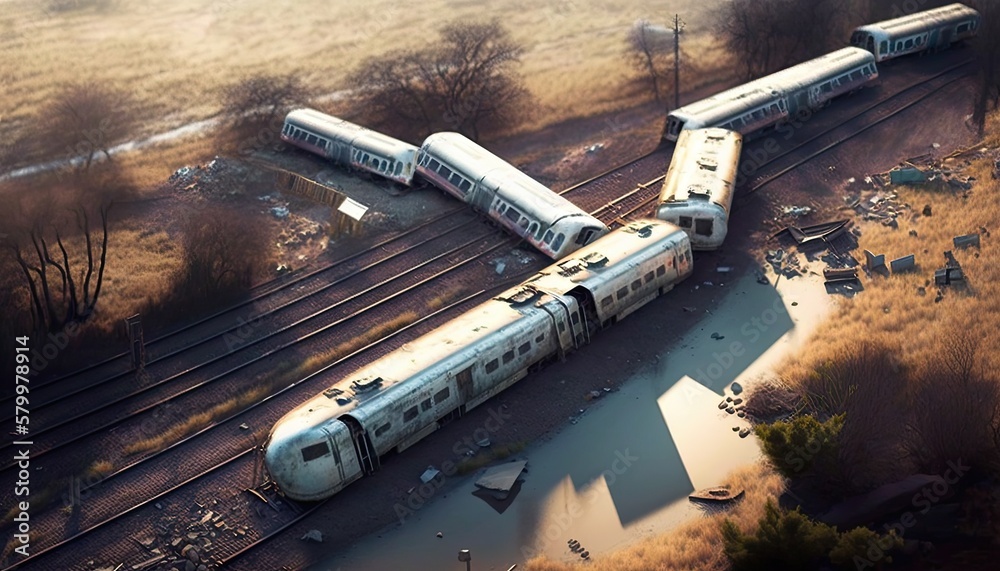Derailed train incident aerial view, damaged derailed train cars on ...