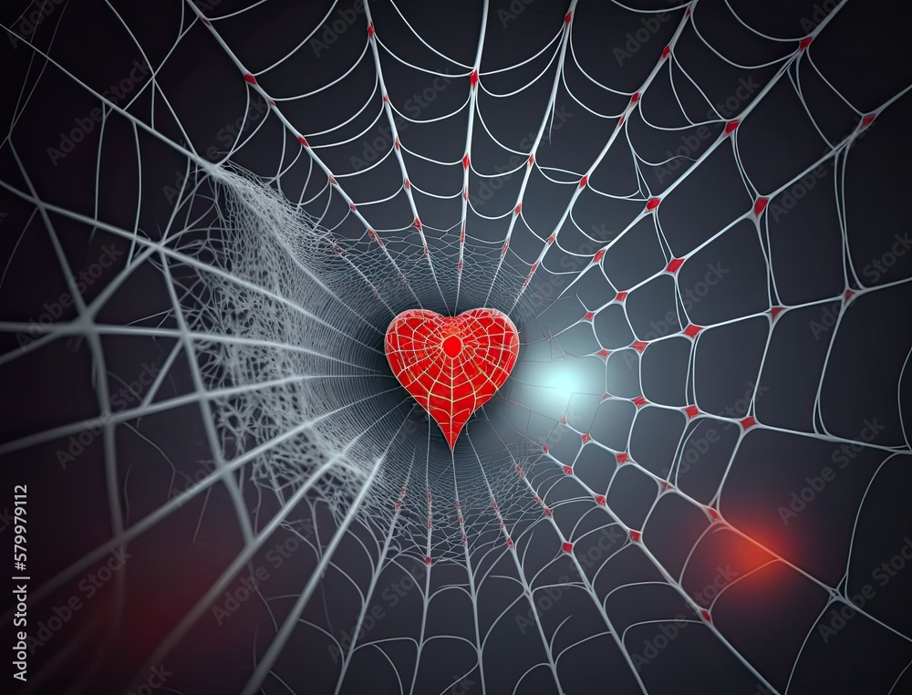 Red heart got caught in spider web on blurred dark background ...
