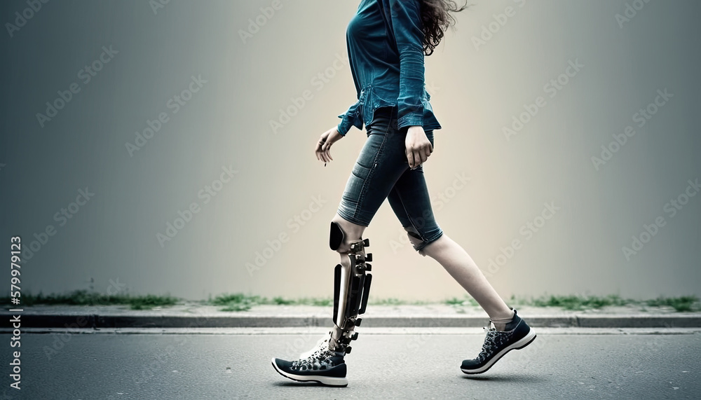 Ilustrace „Female legs prosthesis close up walking outdoor in city park ...