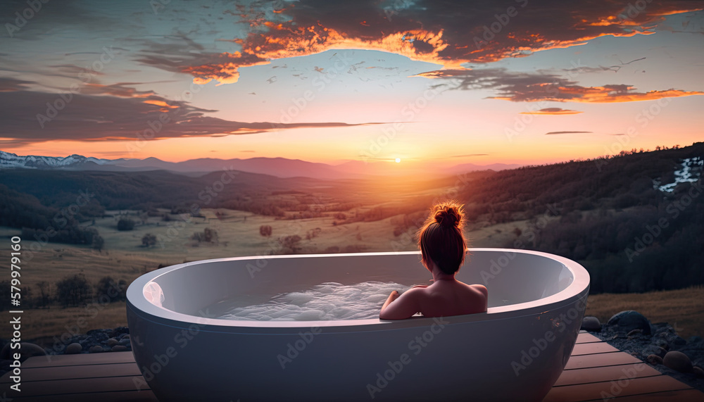 Ilustracja Stock: Young woman take bath outdoor at sunset, girl rear ...