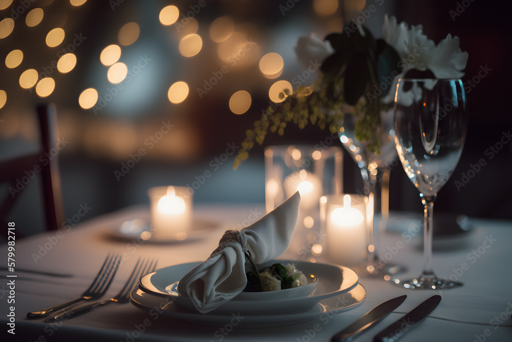 Romantic dinner place setting with plates and cutlery on table ...