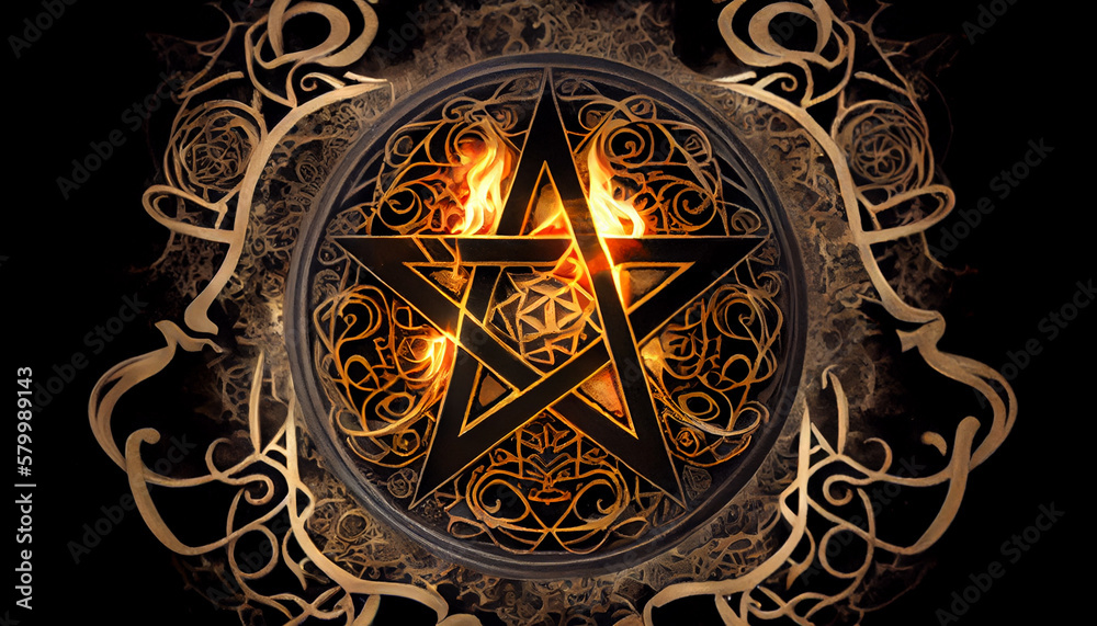 Black mass montage of occult Satanic pentagram materialising against a ...