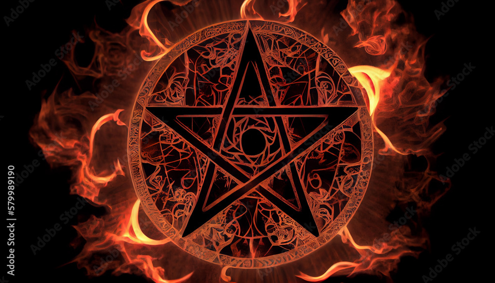 Black mass montage of occult Satanic pentagram materialising against a ...