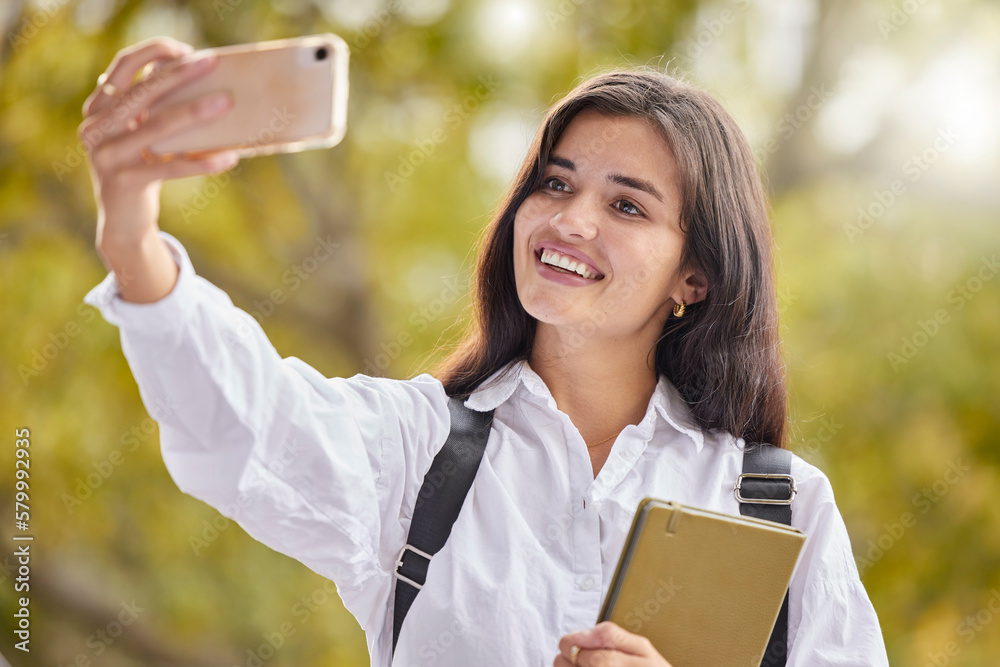 Student, woman and happy for selfie at college, outdoor and smile for ...