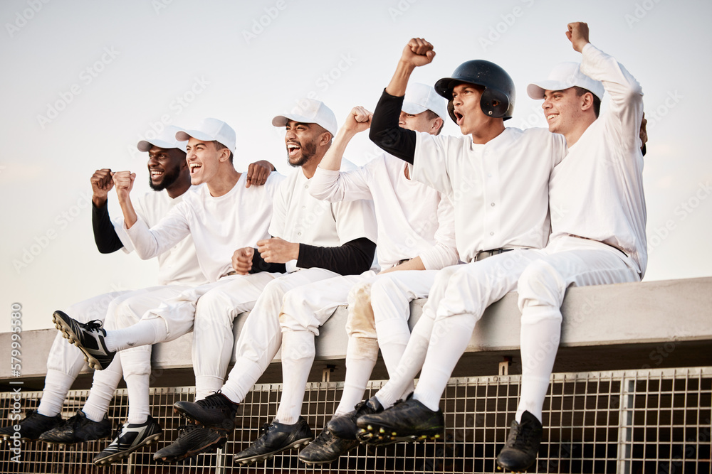 Baseball, team and winner with fist pump and happy men, athlete group ...