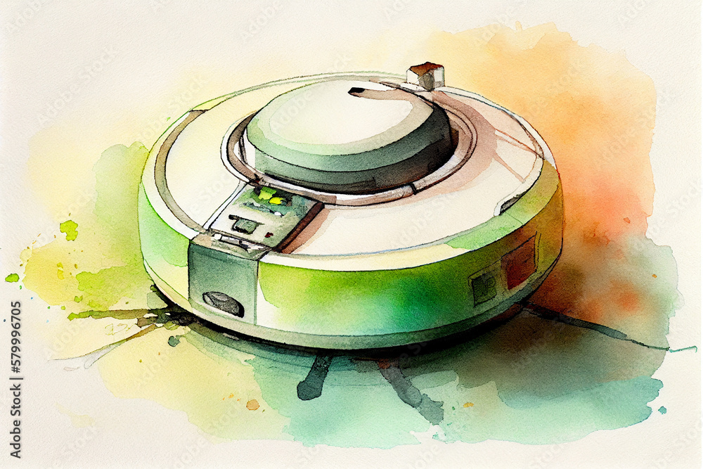 Robot vacuum cleaner drawing with bit of watercolour. Stock ...
