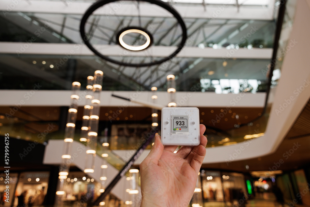 CO₂ sensor monitor. Indoor air quality sensor. Healthy work environment ...