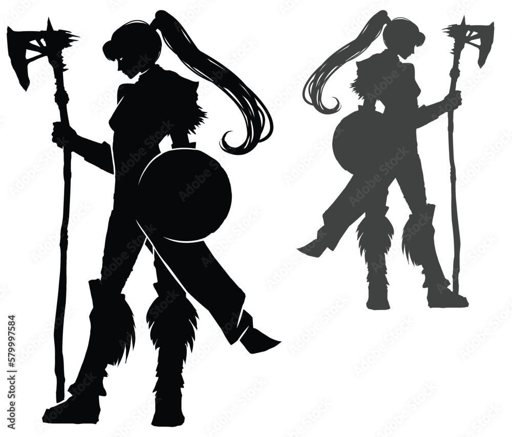 black silhouette with a beautiful warrior woman, she is a barbarian ...