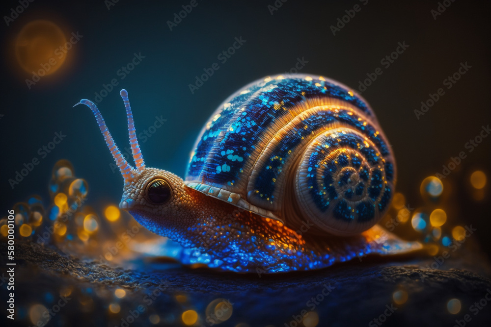 Mystical glowing snail closeup on the land. Isolated on blurred ...