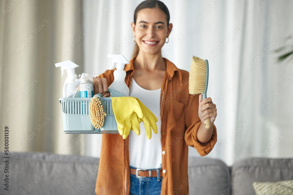 Portrait, cleaner and woman cleaning home smile with equipment ...