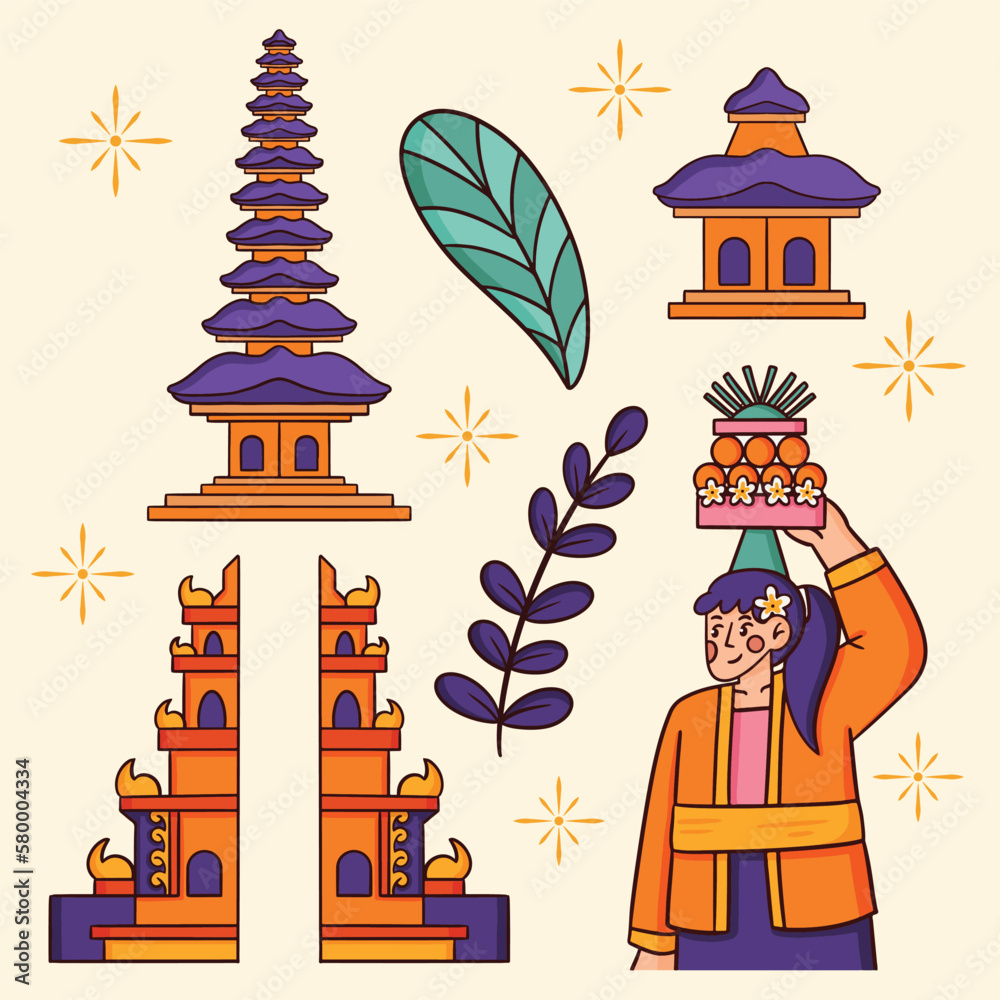 Vector hand drawn illustration object hindu pura temple bali nyepi day ...